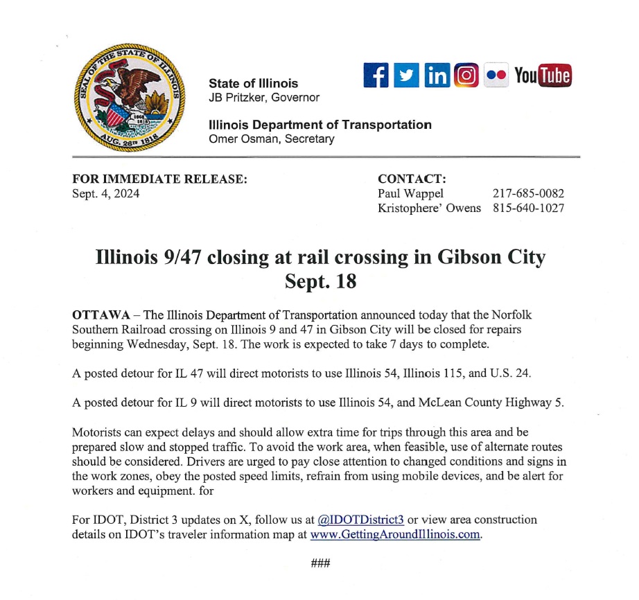 Notice: IL9 /RT47 Railroad Crossing Closing – Gibson City Illinois